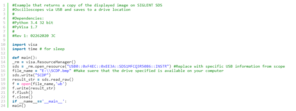 Programming Example: SDS Oscilloscope save a copy of a screen image via Python/PyVISA